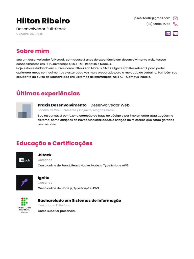 Perfil de Hilton Ribeiro - Desenvolvedor Full-Stack | PDF