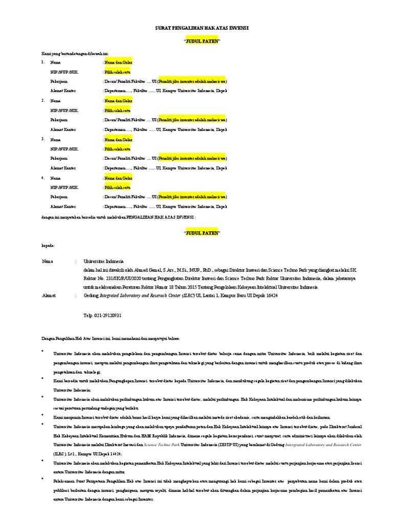 Format Surat Pengalihan Hak-Paten NEW | PDF