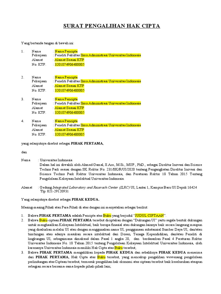 Format Surat Pengalihan Hak Cipta | PDF