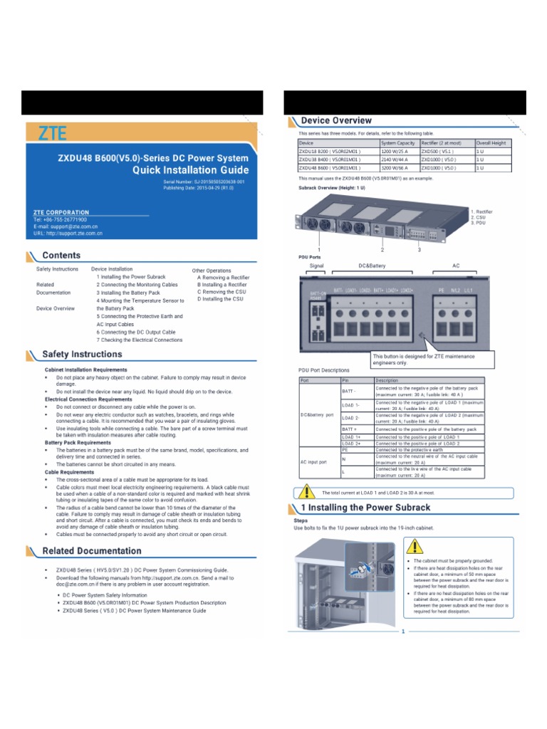 ZXDU48 B600(V5.0)-Series DC Power System Quick Installation Guide | PDF