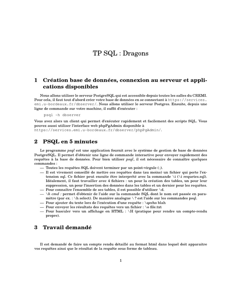 TP SQL: Dragons: 1 Création Base de Données, Connexion Au Serveur Et Appli-Cations Disponibles ...