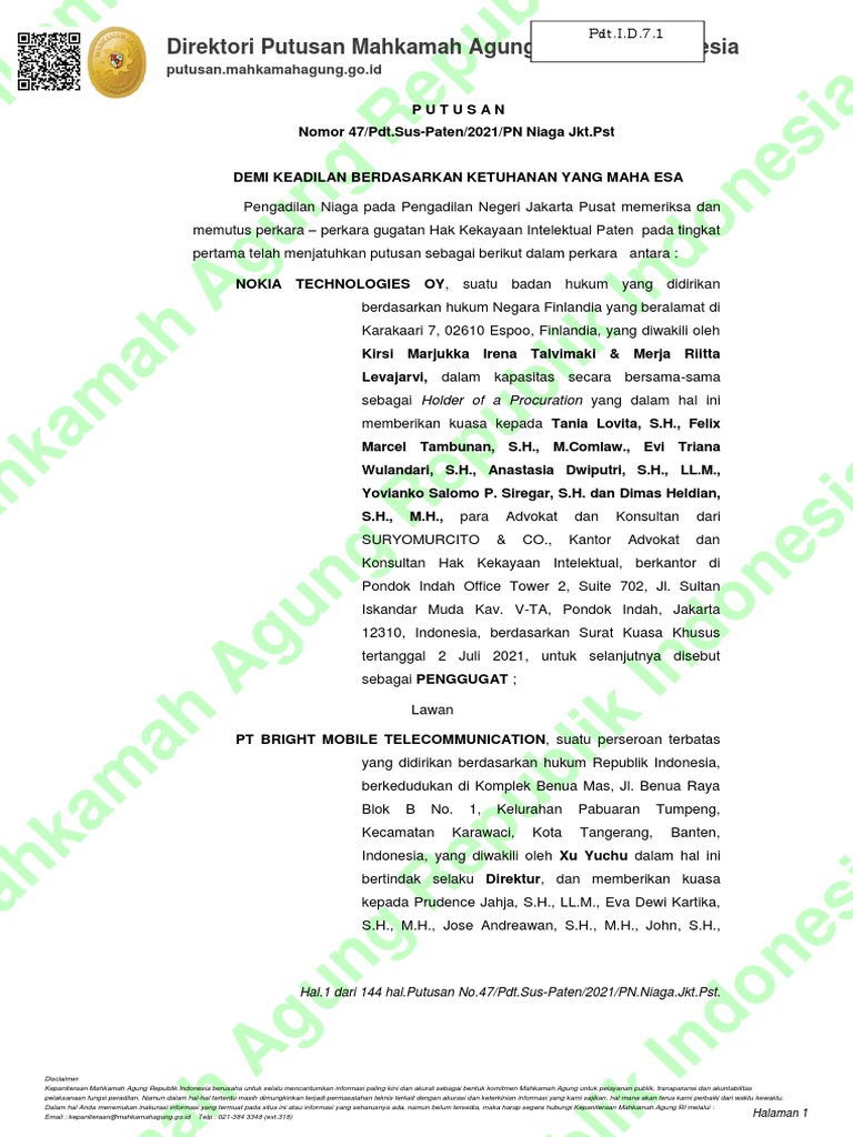 Putusan 47 PDT - Sus-Paten 2021 PN Niaga JKT - PST 20221110110341 | PDF