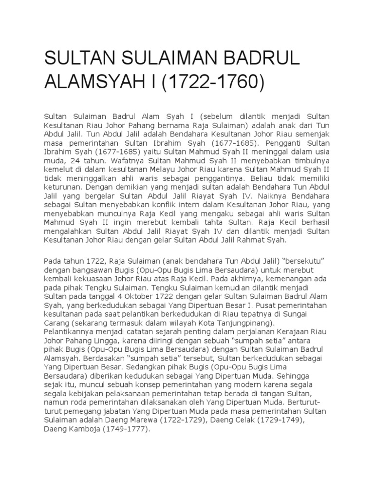 Sultan Sulaiman Badrul Alamsyah I | PDF | Sejarah
