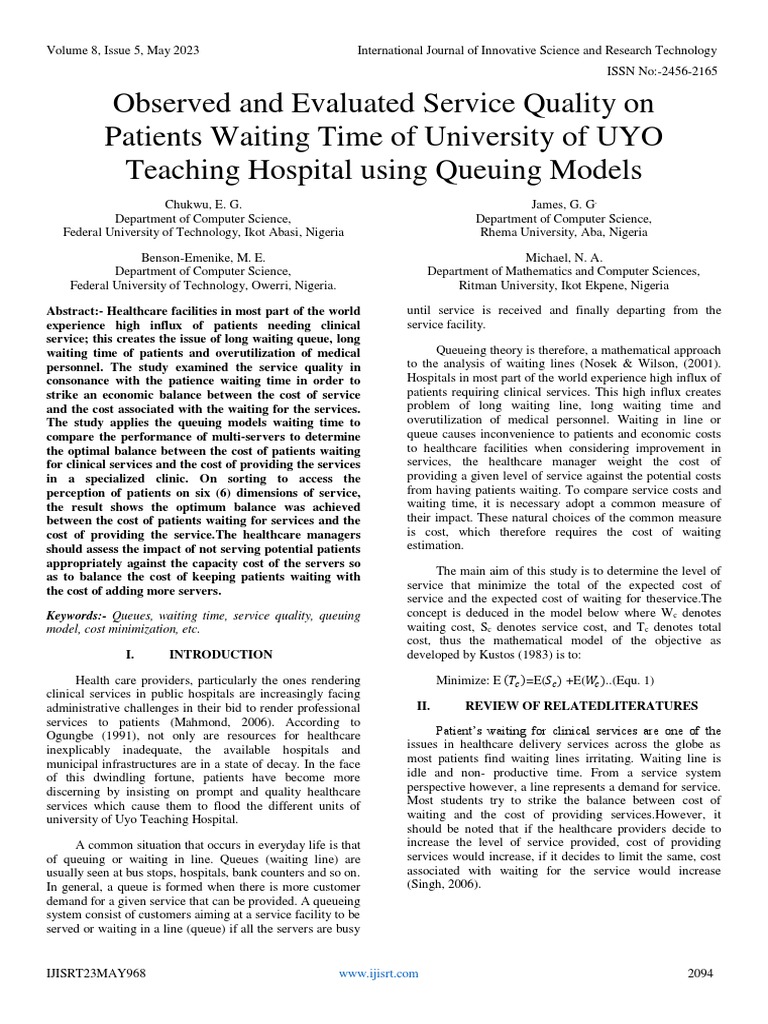 Observed and Evaluated Service Quality On Patients Waiting Time of University of UYO Teaching ...