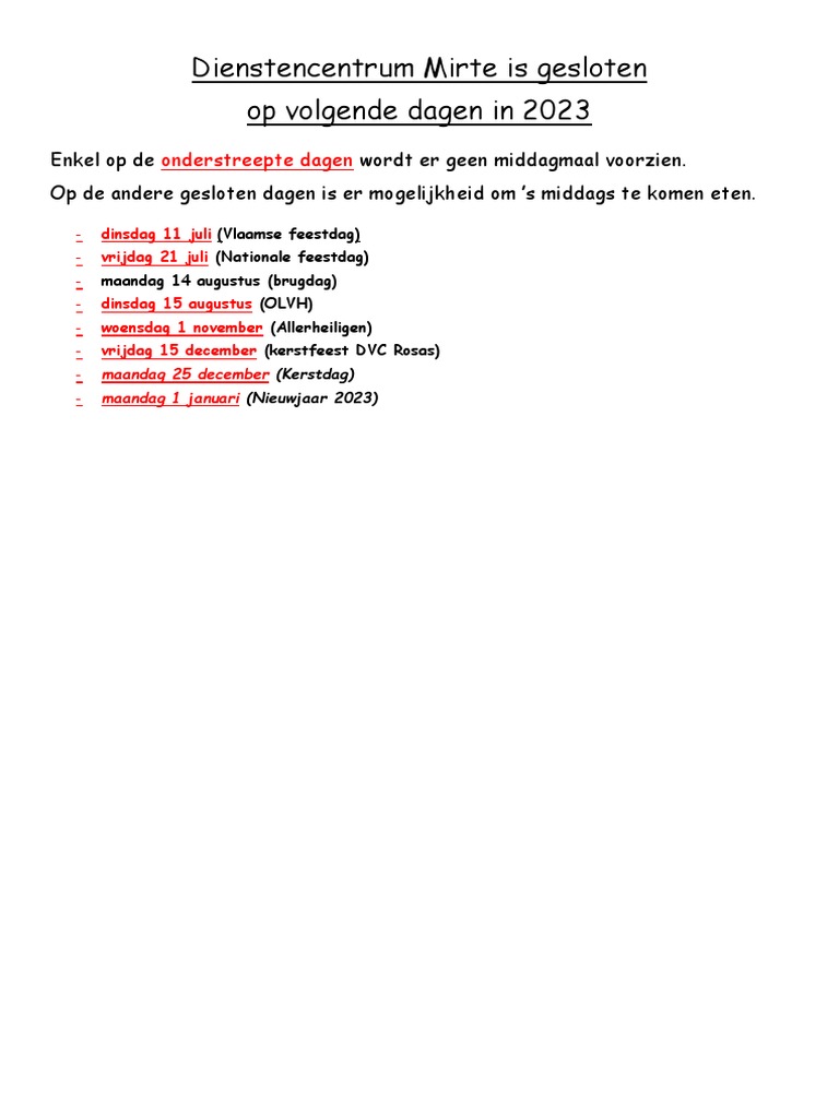 Sluitingsdagen Mirte | PDF