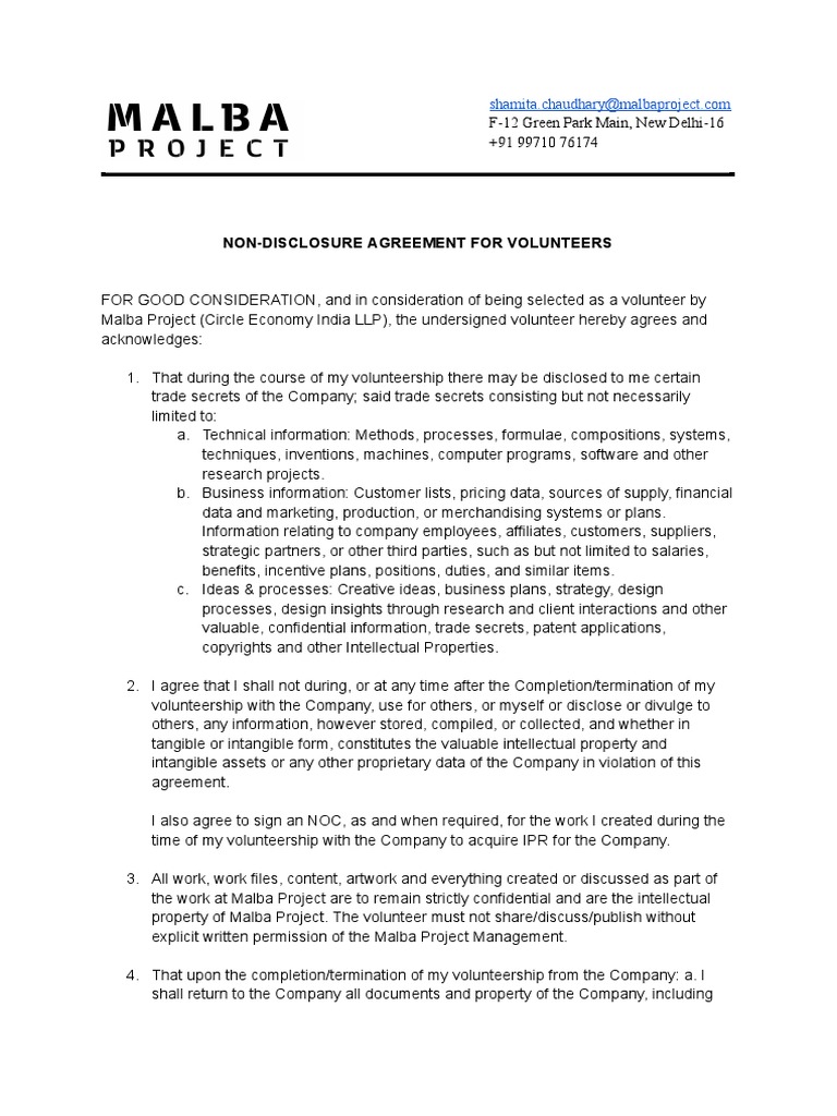 Volunteering NDA | PDF | Intellectual Property | Trade Secret