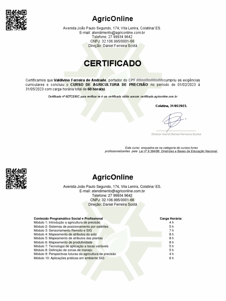 Certificado Agricultura de Precisão | PDF