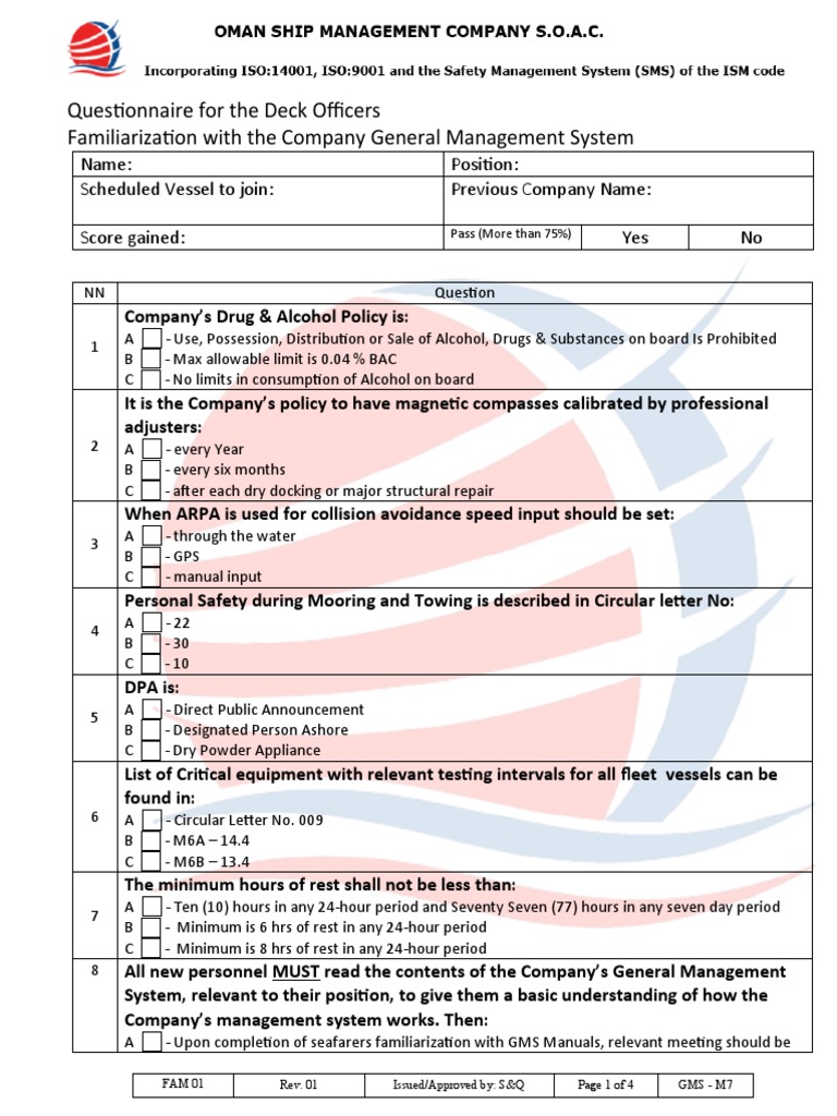 Fam 01 Questionnaire Deck Officers | PDF | Shipping | Ships