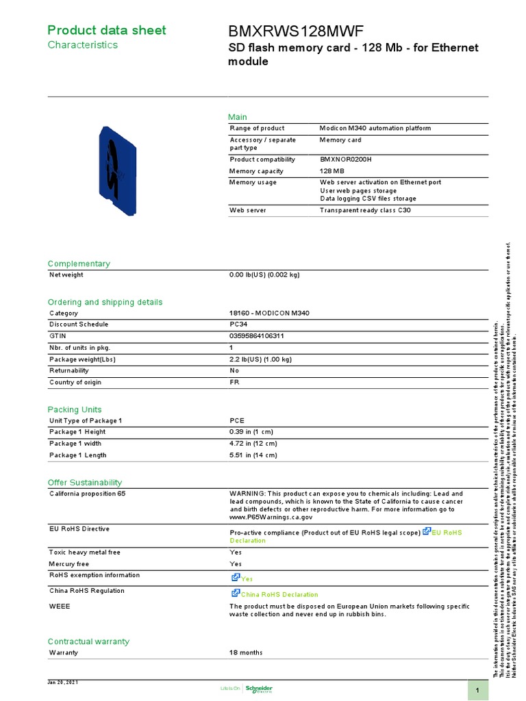 Modicon M340 Automation Platform BMXRWS128MWF Document | PDF