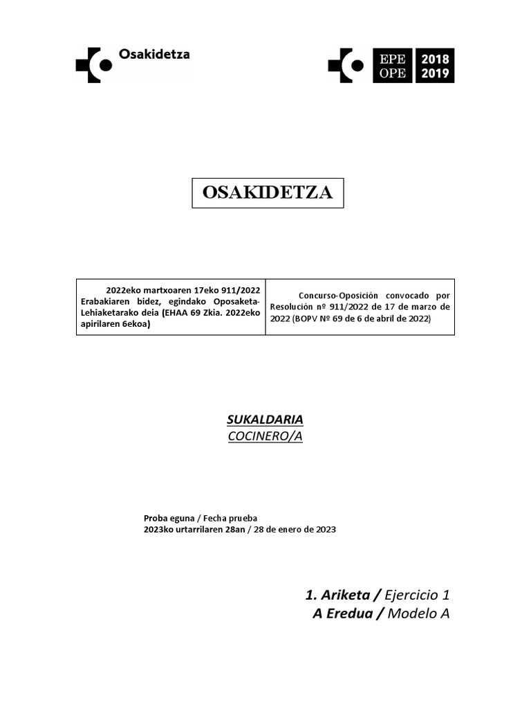 C35001 - Enunciados - Ejercicio1 - Cocinero Osakidetza 2023 | PDF ...