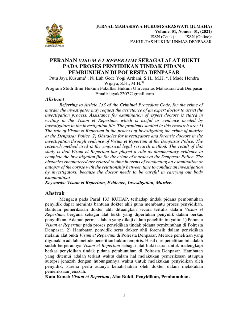 Jurnal Peranan Visum Et Repertum Sebagai Alat Bukti Pada Proses ...