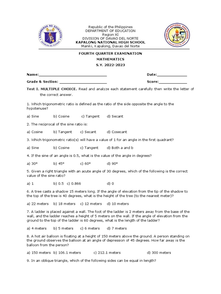 EXAM-GRADE-9-MATH | PDF