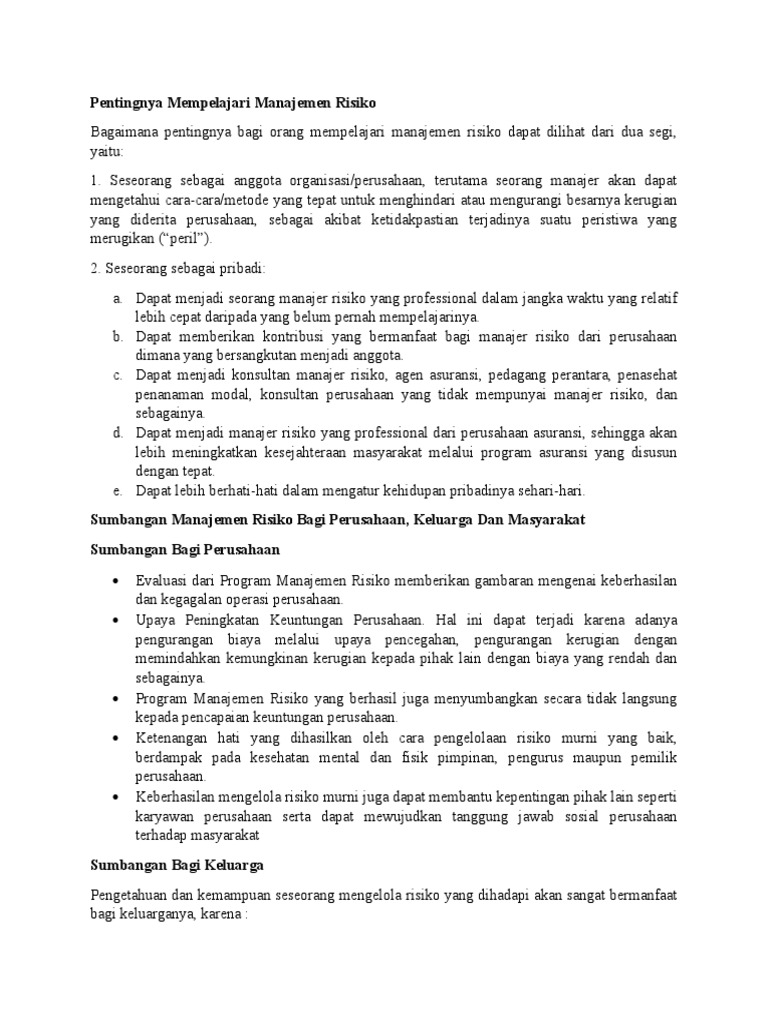 Pentingnya Mempelajari Manajemen Risiko | PDF Pentingnya Mempelajari Manajemen Risiko | PDF