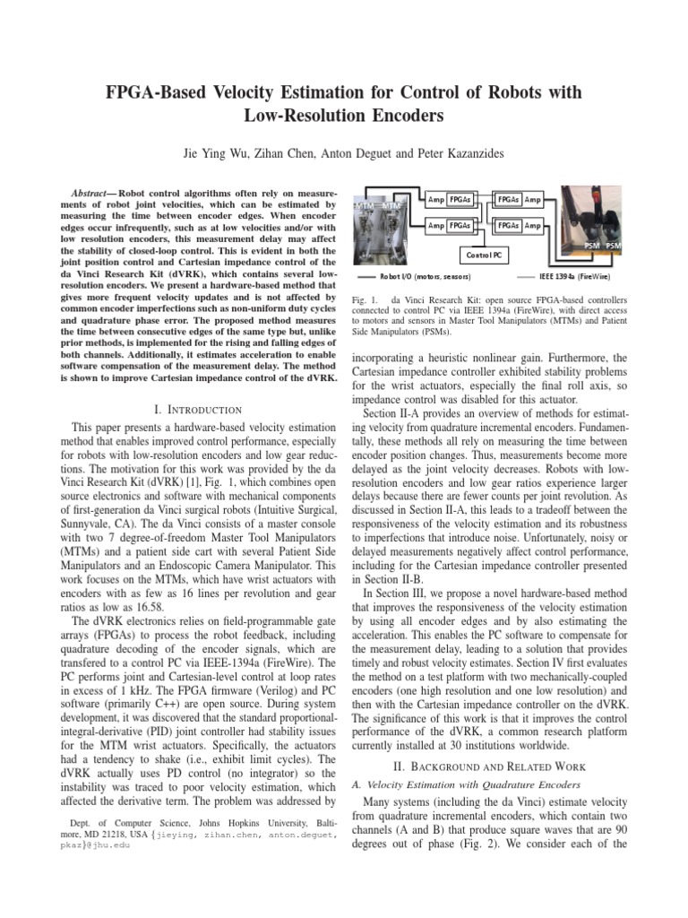 Fpga Based Velocity Estimation For Control Of Robots With Low Resolution Encoders Download 
