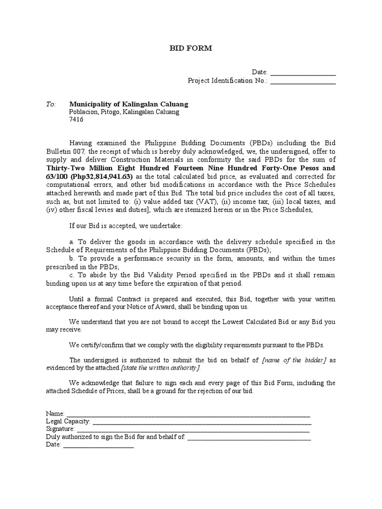 Bid Form for Construction Materials | PDF