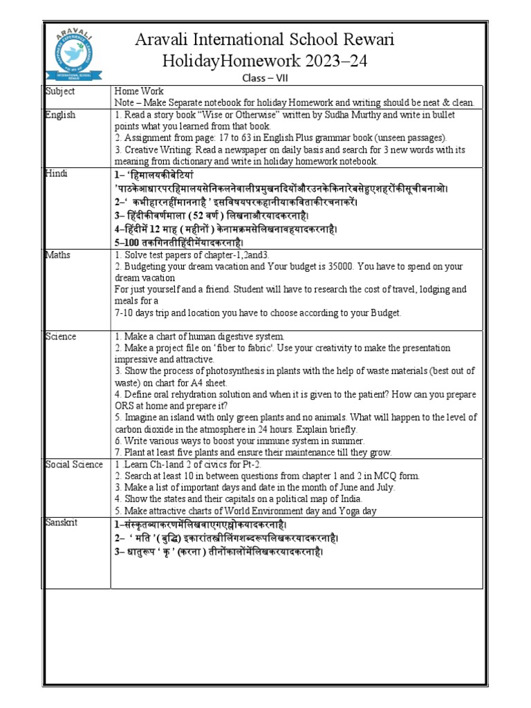 Holiday Homework Class VII (2023-24) | PDF