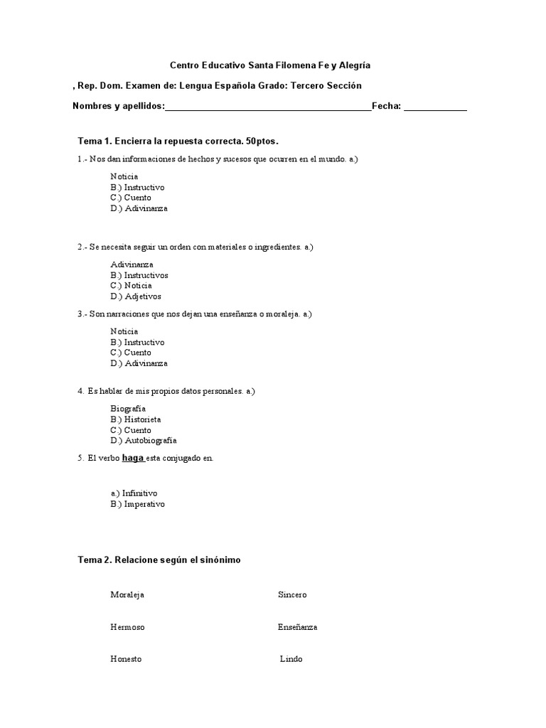 Examen de Lengua Española 3er Grado | PDF