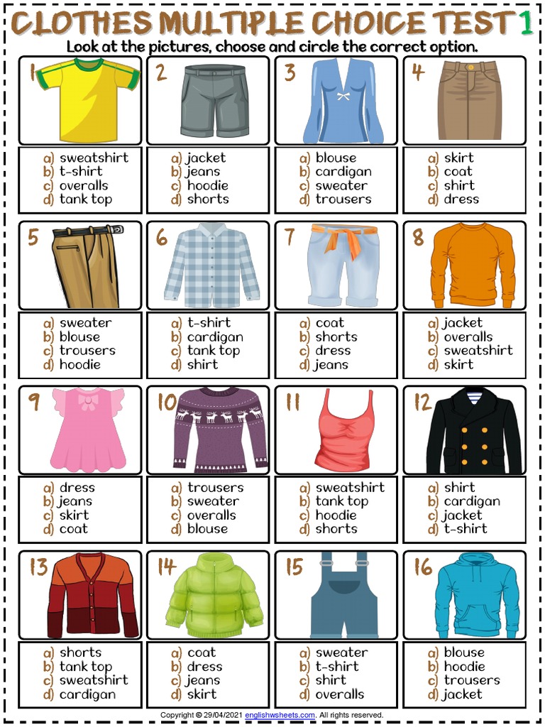 Clothes Vocabulary Esl Multiple Choice Tests For Kids | PDF