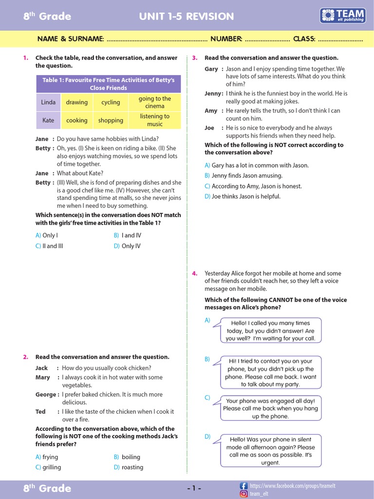 8 Sinif Revision 1 Unit 1 5 Teamwork | PDF | Soup | Internet