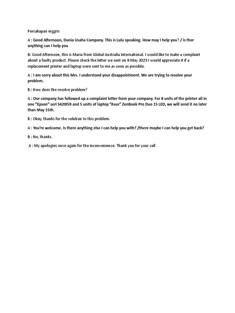 contoh percakapan bahasa inggris (complaint) | PDF