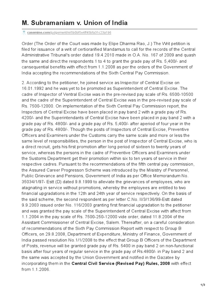 M Subramaniam V Union of India | PDF | Government | Public Law