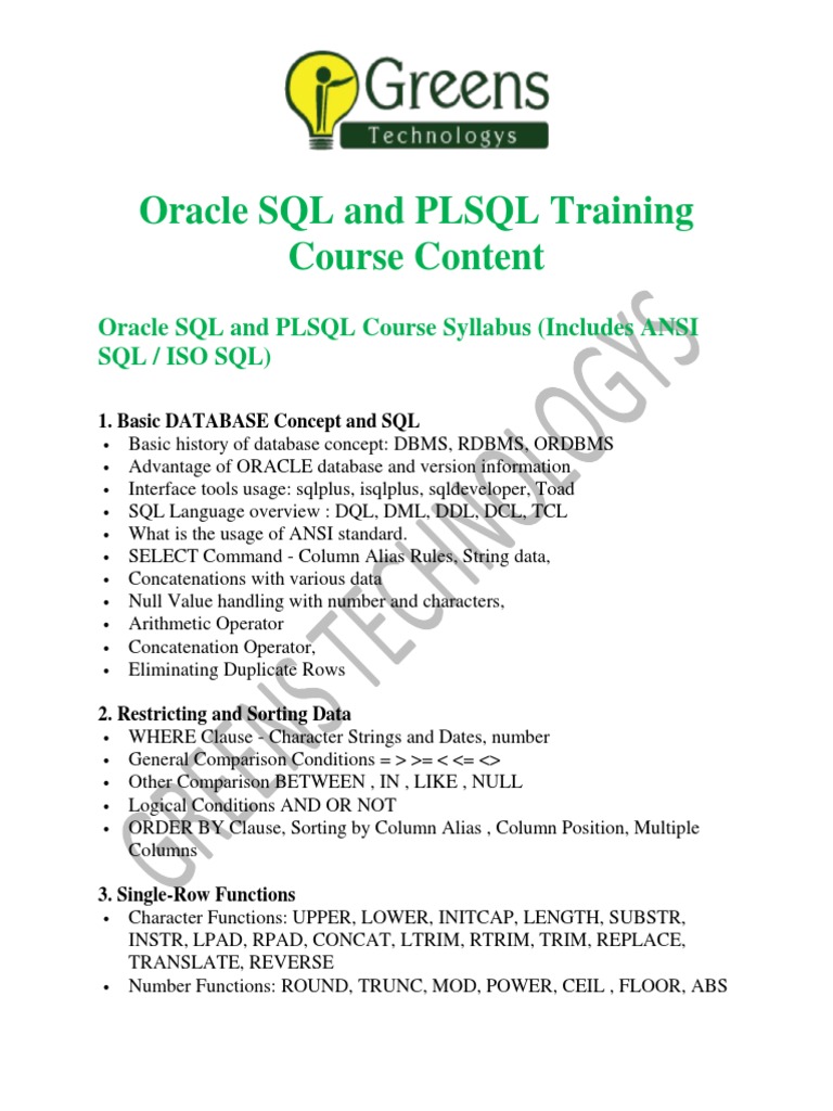 Oracle Sql And Plsql Training Course Syllabus Pdf Sql Plsql