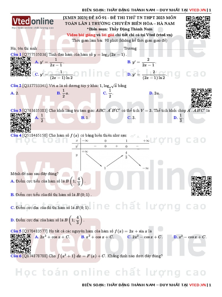 XMIN 2023 Đề số 91 Đề thi thử TN THPT 2023 môn Toán lần 1 trường chuyên Biên Hòa Hà Nam | PDF