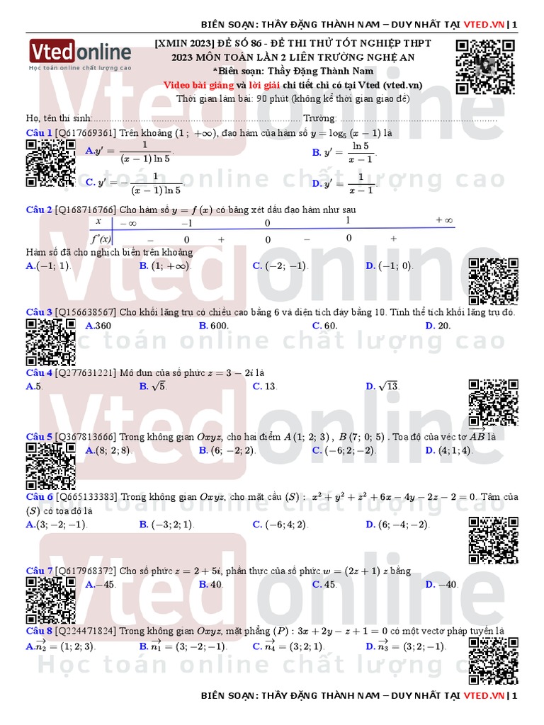 XMIN 2023 Đề số 86 Đề thi thử tốt nghiệp THPT 2023 môn Toán lần 2 Liên Trường Nghệ An | PDF