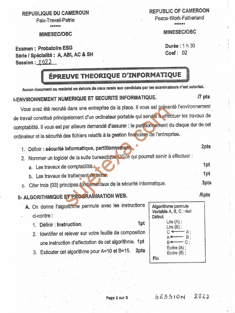 Informatique Theorique - Probatoire Serie A4 - Abi Session 2022 | PDF