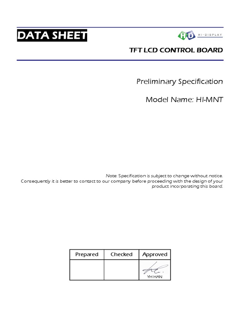 DATA SHEET. Preliminary Specification. Model Name - HI-MNT TFT LCD ...