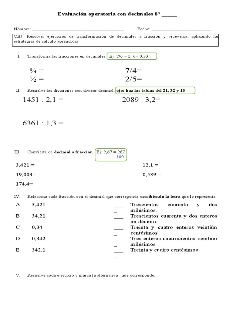 Evaluación DECIMALES 8vo | PDF