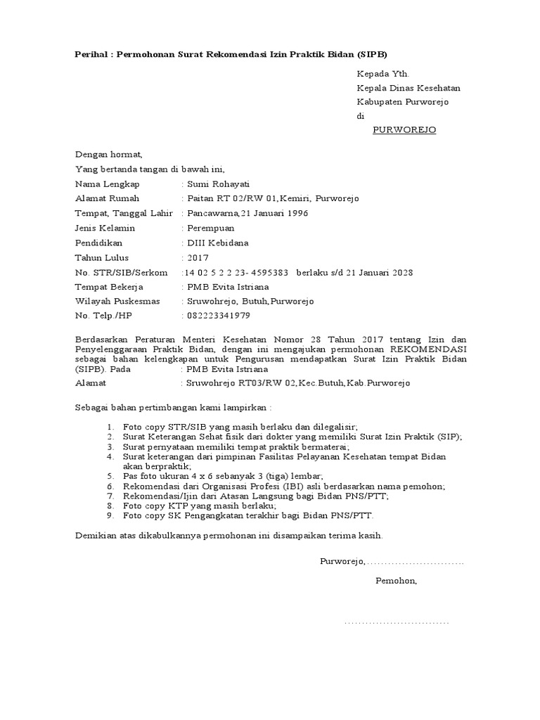 Permohonan SIPB Bidan Sumi Rohayati | PDF