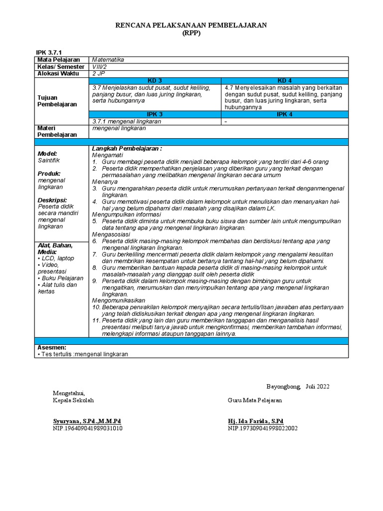 RPP Matematika Kelas VIII/2 | PDF