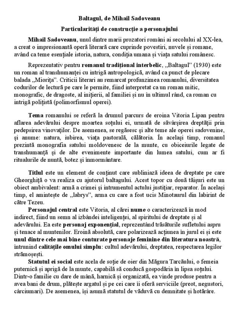 Baltagul Caracterizare Personaj Particularitati Vitoria | PDF