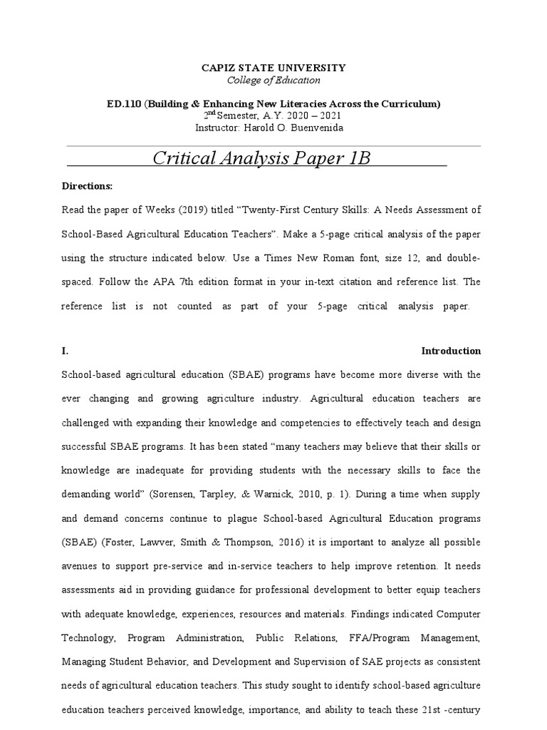 Critical Analysis Paper 1B | PDF | Teachers | Critical Thinking