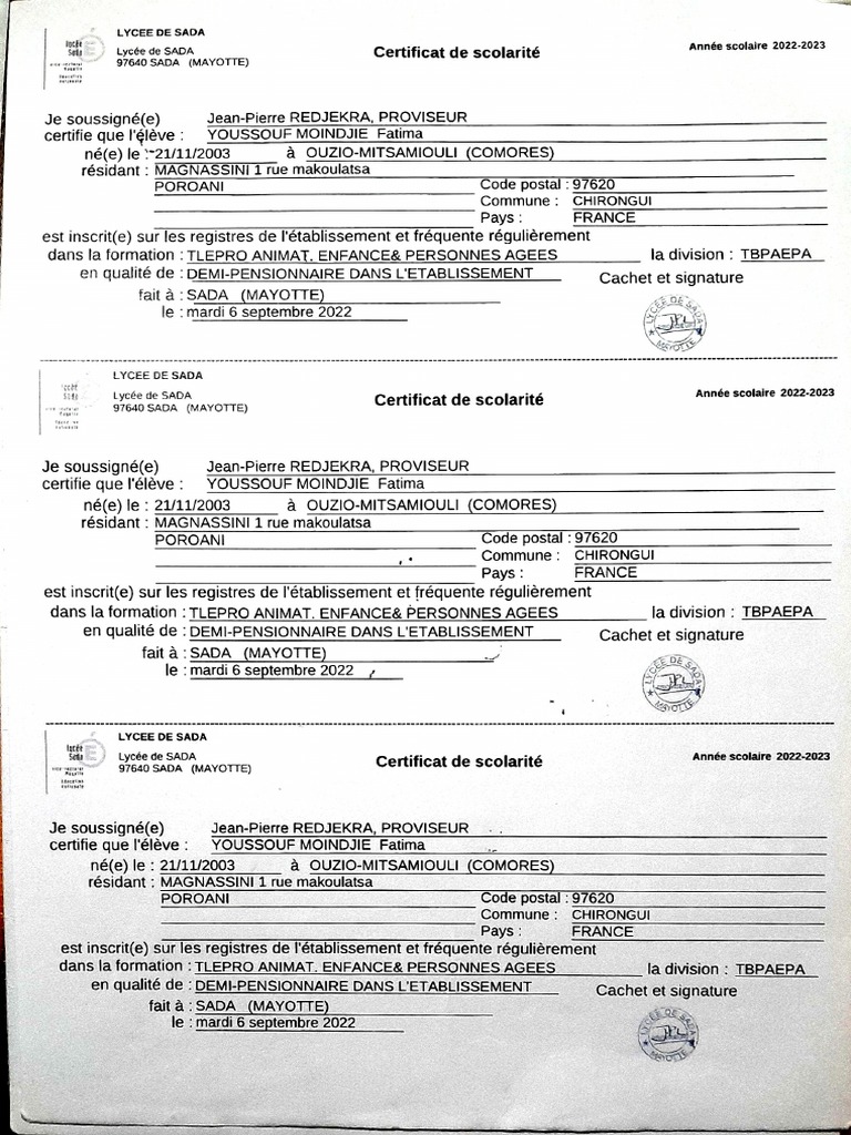 Certificat de Scolarité | PDF