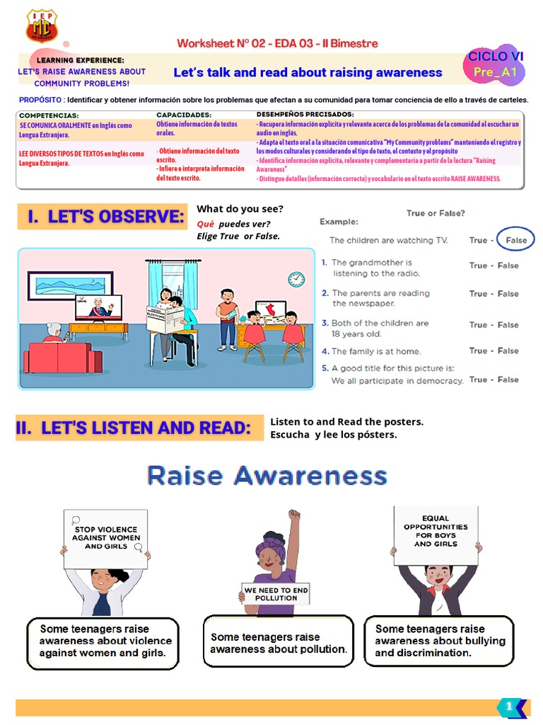 Eda3 - s2 WORKSHEET - Raise Awareness 1 y 2do. | PDF