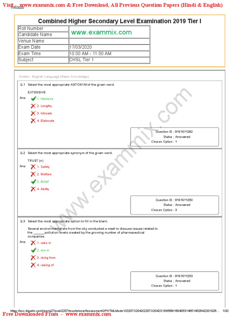 SSC CHSL Question Paper PDF in English 17.03.2020 All Shift | PDF