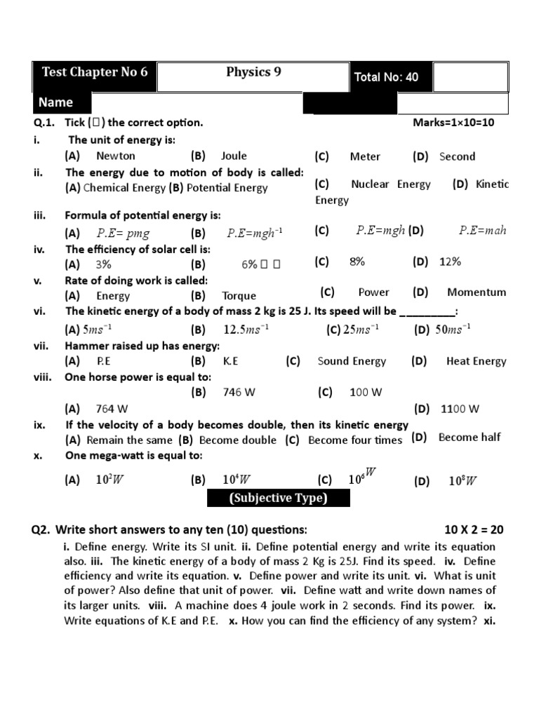 9th Class Chapter 6 | PDF | Kinetic Energy | Potential Energy