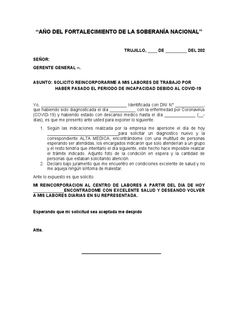 Solicitud de Reincorporacion Al Trabajo | PDF