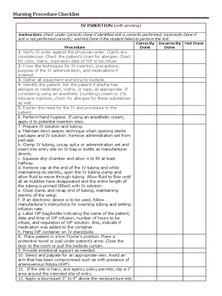 Starting An Intravenous Infusion Iv Insertion Checklist | PDF ...