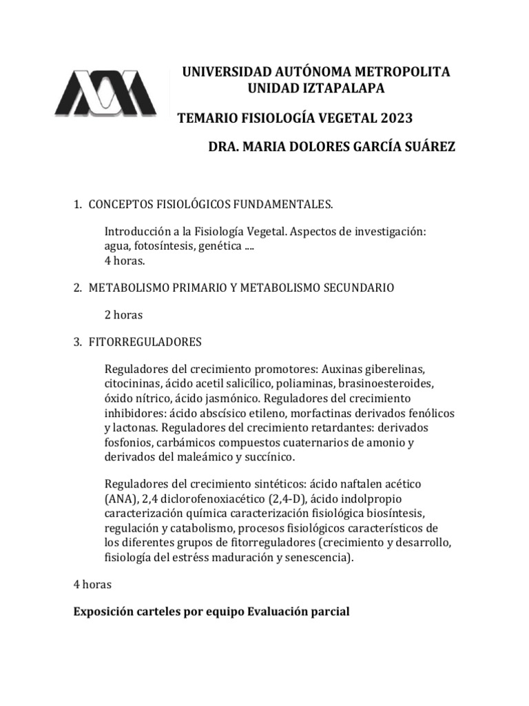 Temario Fisiología Vegetal | PDF