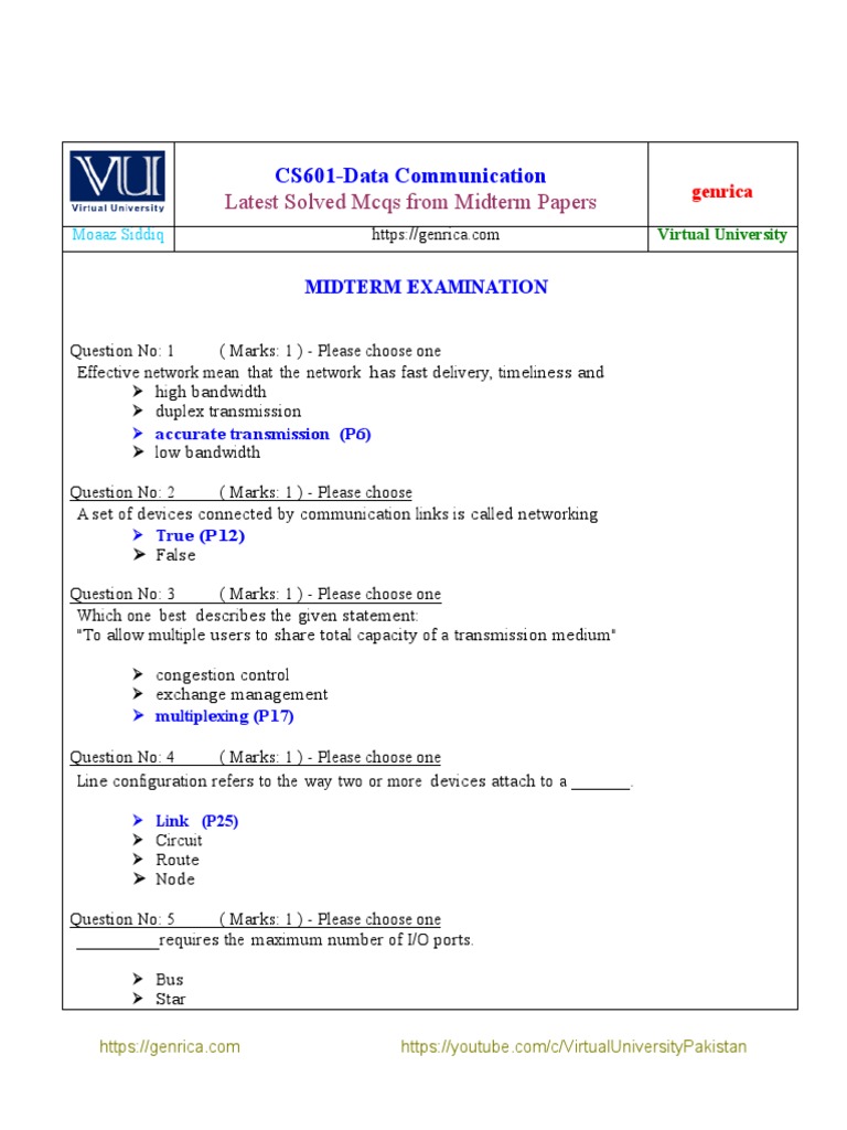 CS601 - Midterm Solved Mcqs With References by Moaaz | PDF | Modulation | Computer Network