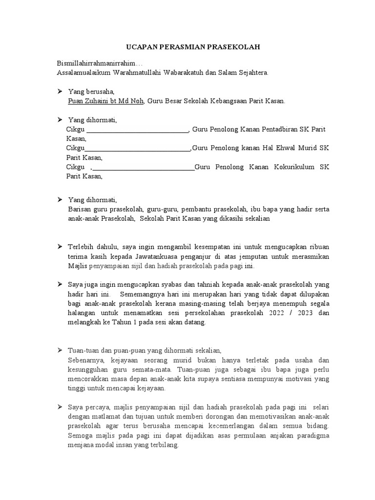 Teks Ucapan Perasmian Prasekolah. | PDF