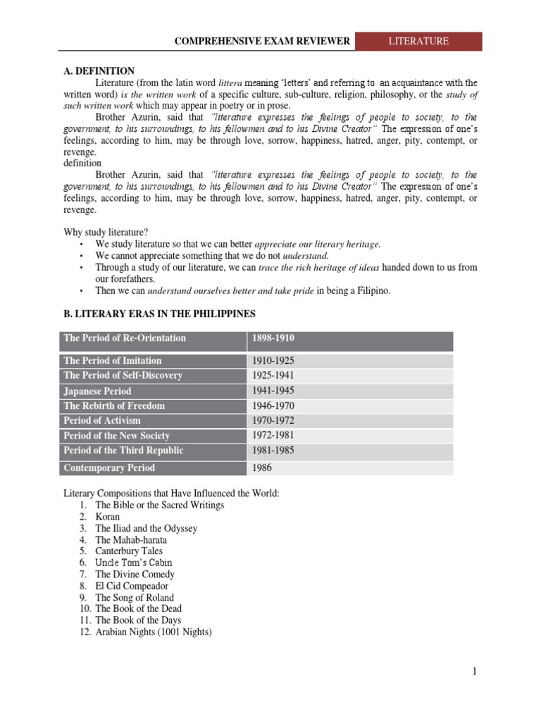 Literature Comprehensive Exam Reviewer | PDF | Poetry | Narration