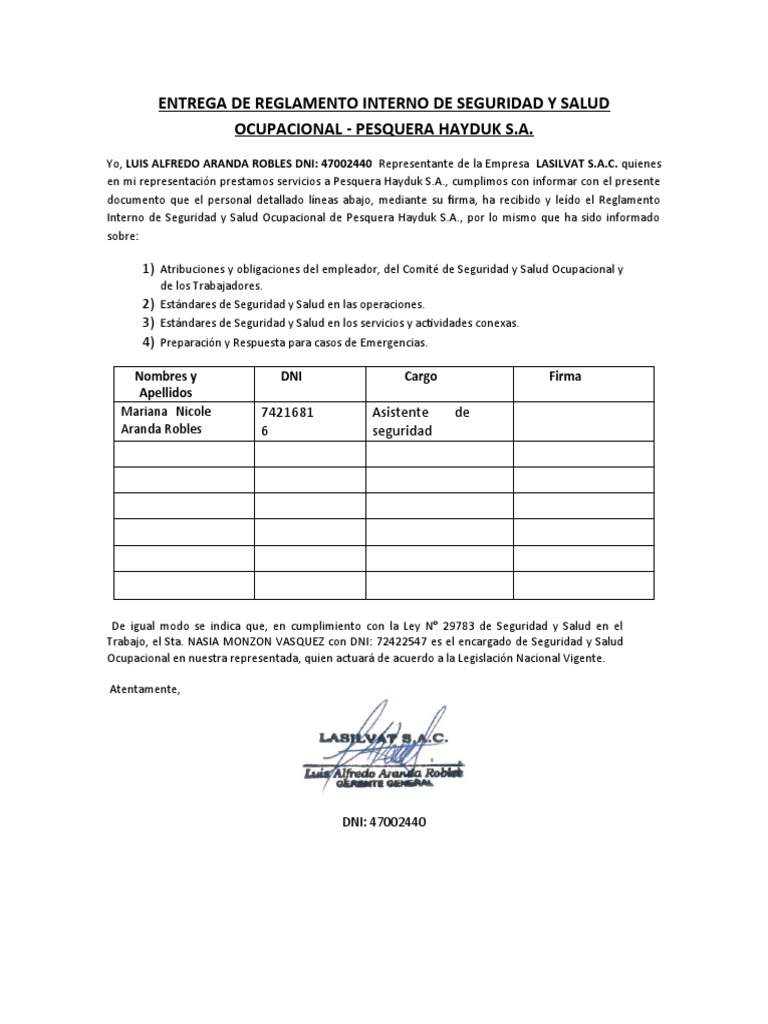 Reglamento de Seguridad Hayduk S.A. | PDF | Ciencias sociales | Salud y ...