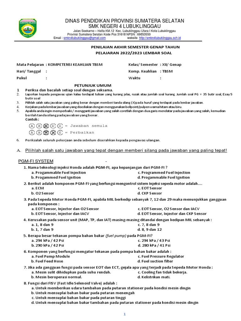Soal Kompetensi Keahlian TBSM | PDF