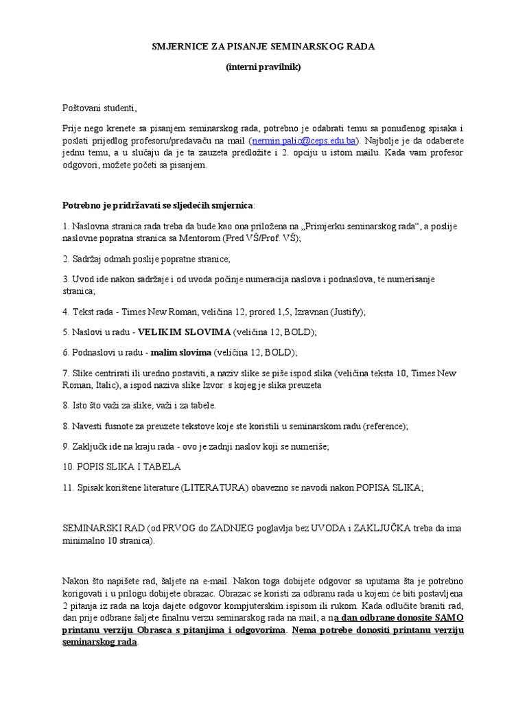 00 Smjernice Za Pisanje Seminarskog Rada | PDF