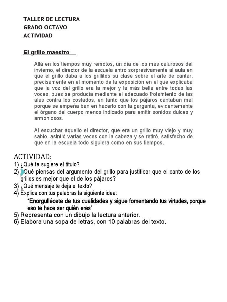 Taller Lectura Grado 8º 2023 | PDF