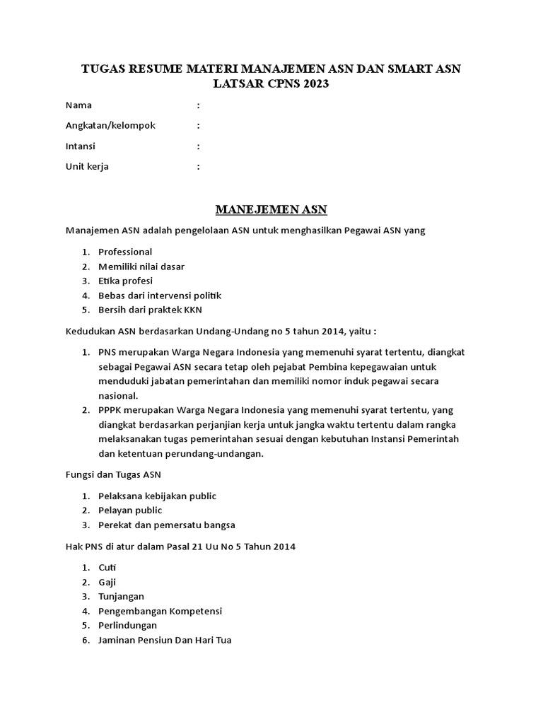 Tugas Resume Materi Manajemen Asn Dan Smart Asn Latsar CPNS 2023 | PDF